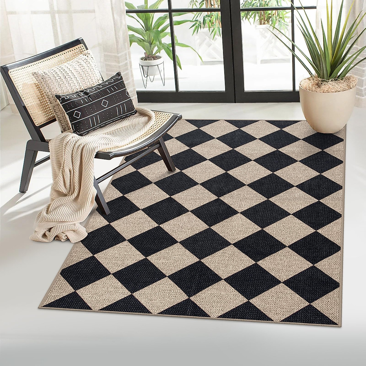 Lahome Checkered Easy Jute Area Rug, 3x5 Outdoor Patio Rug Washable Rugs for Entryway Diamond Indoor Outdoor Living Room Rugs, Farmhouse Neutral Non Slip Black Carpet for Backyard Bedroom