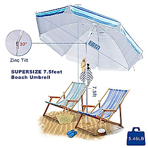 Beach Umbrella,LUHAHALU 7.5FT Beach Umbrellas for Sand Heavy Duty Wind Portable, UPF 50+ Sun Shelter with Tilt Sand Anchor and Carry Bag, Sunshade Umbrella for Patio Outdoor Garden Beach(Silver Coated Blue Striped)