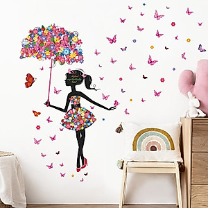 Supzone Flower Fairy Wall Decal Girl with Umbrella Wall Sticker Colorful Butterfly Floral Wall Decor DIY Vinyl Mural Art for Girls Baby Nursery Bedroom Living Room Playroom