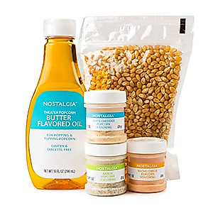 Nostalgia Popcorn Maker Machine - Professional Cart - Red & White & Hot Air & Kettle Kit 3 Seasonings, Oil, Popcorn Kernels, 1 Count (Pack of 1)