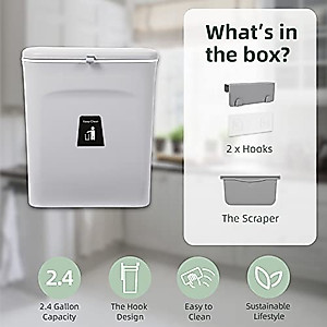 PILITO Kitchen Cabinet Door Hanging Trash Can with Lid, 2.4 Gal, Small Under Sink Garbage Can for Restroom, Bathroom, RV Kitchen Trash Bin, Wall Mounted Counter Waste Compost Bin, Plastic (Grey)