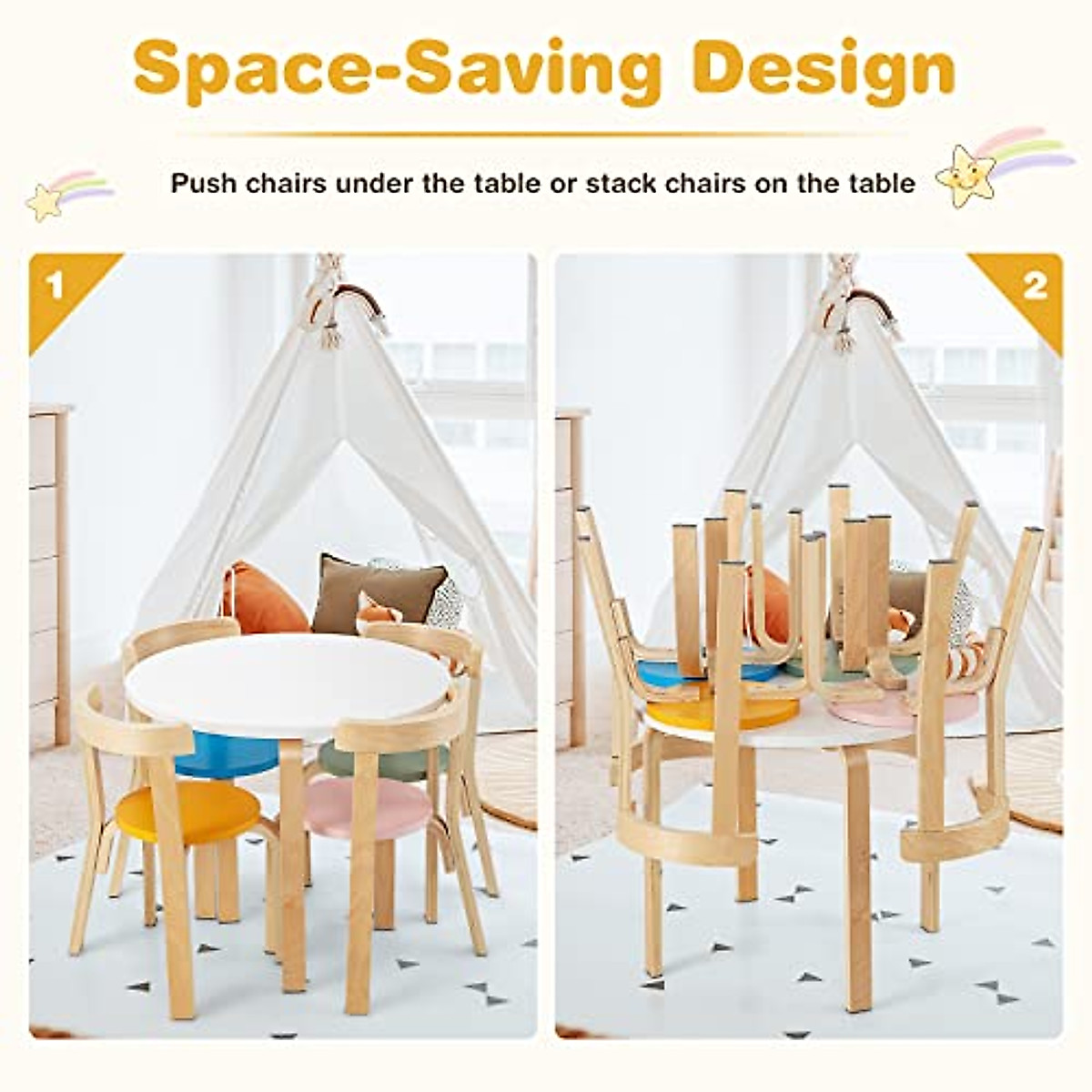 HONEY JOY Kids Table and Chair Set, Bentwood Toddler Round Table and 4 Chairs for Craft Art, Building Block, 5-Piece Children Furniture Set for Daycare, Kindergarten, Playroom (Colorful)