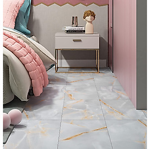 FunStick Grey Gold Marble Peel and Stick Floor Tile 12 x 12 Inch 15 Pack Self Adhesive Vinyl Flooring Peel and Stick Tiles for Floor Waterproof Kitchen Bathroom Bedroom Removable Floor Tile Stickers