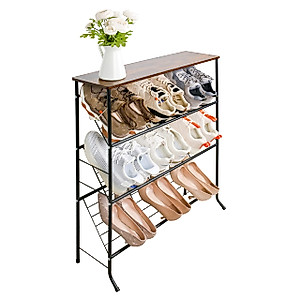 ZOES HOMEWARE Narrow Shoe Rack for Front Door Entrance,4-Tier Shoes Rack Storage Organizer with 3 Slanted Shelves and Top Shelf for Entryway,Skinny Space Saving Shoe Rack, Black