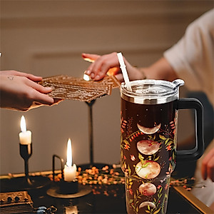 Rcvlauf 40 oz Tumbler with Handle and Straw Goth Tumbler Leak Proof Insulated Cup 40 oz Gothic Flower Moon Coffee Travel Mug Witchy Decor Stuff Goth Gifts for Women