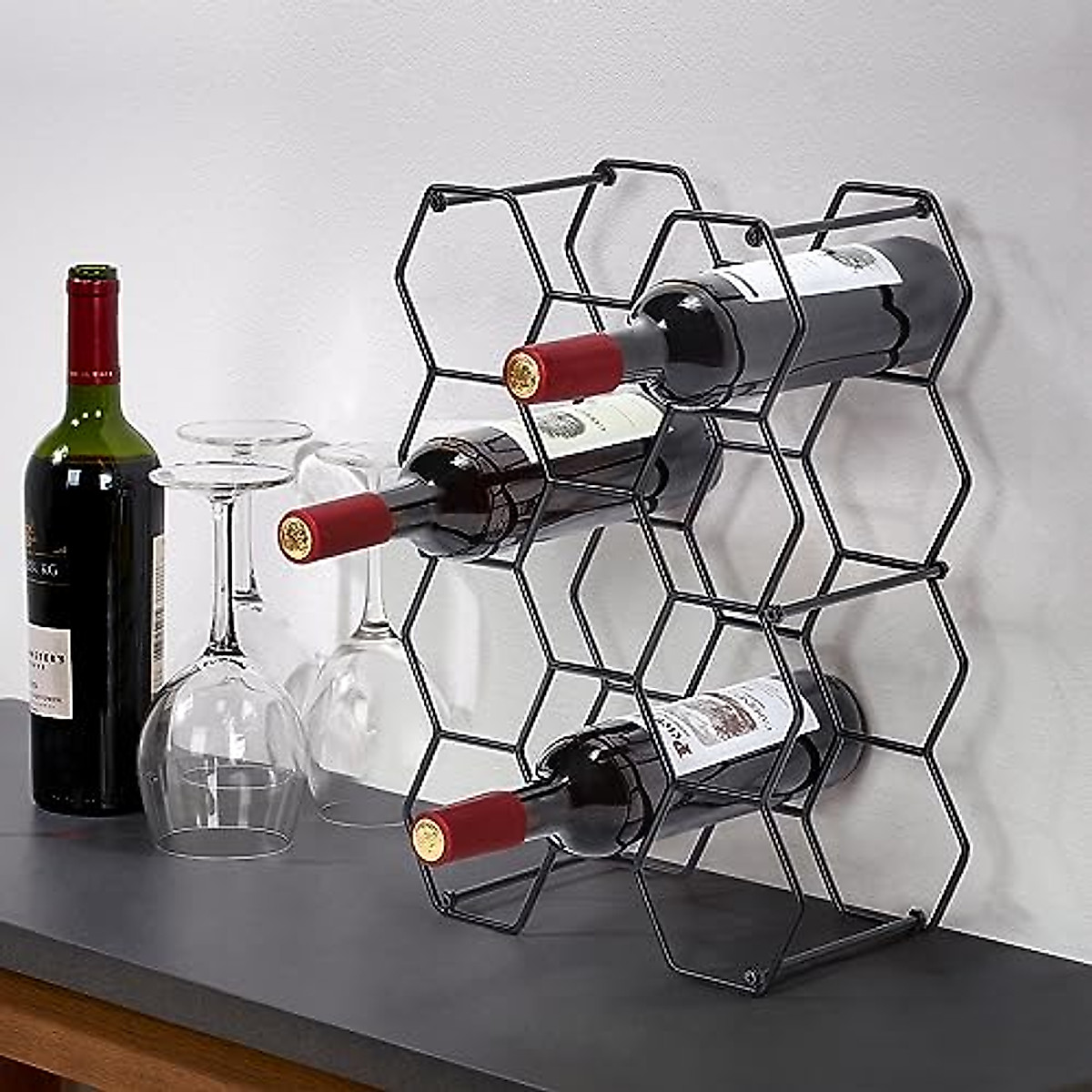 Set of 3 Countertop Wine Rack, 14 Bottle Wine Holder for Wine Storage, Freestanding Metal Wine Rack Honeycomb, Easy to Assembly, 3 Tier Tabletop Wine Holder for Cabinet, Pantry, Kitchen Bar(Black)