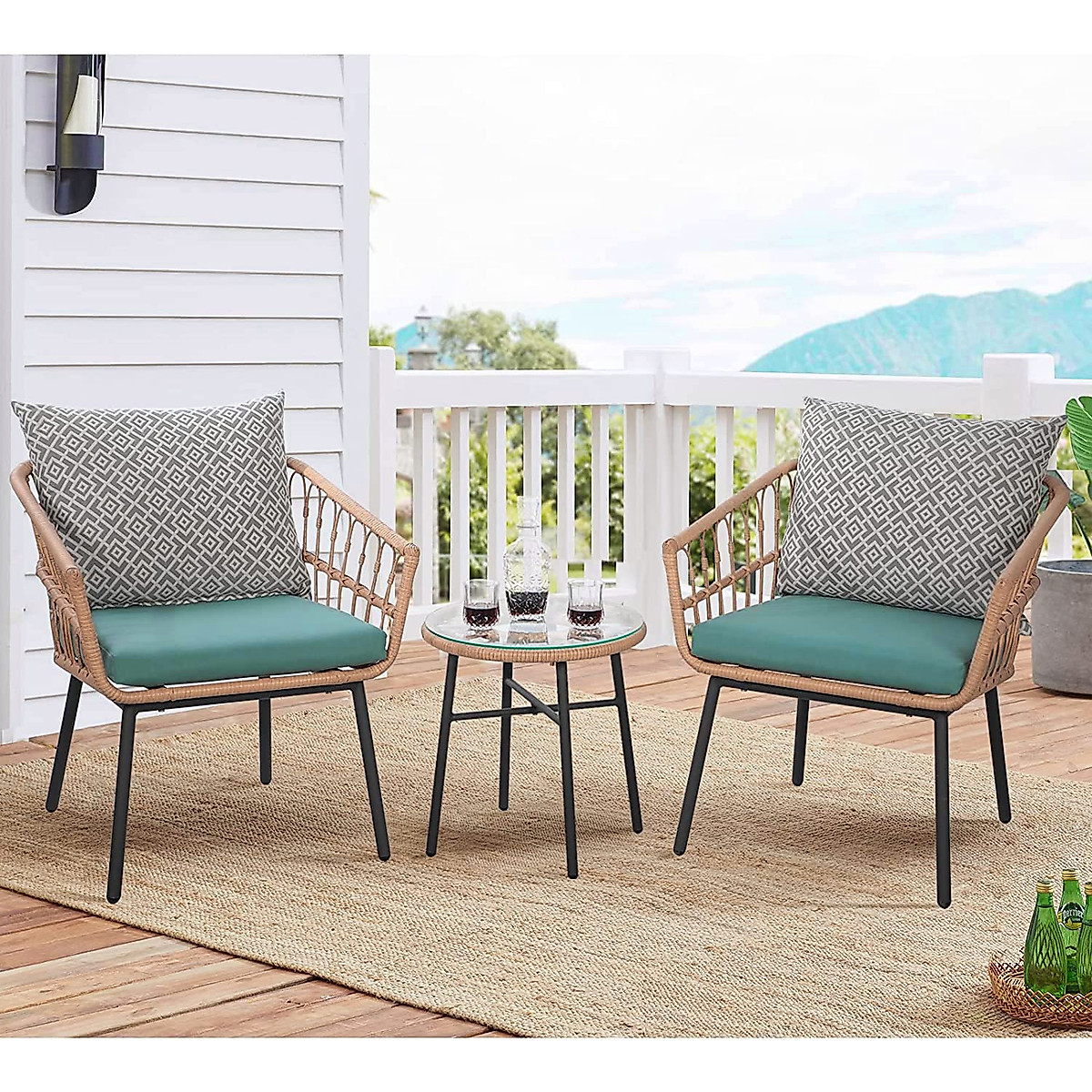 SWISH WEAVERS 3 Piece Patio Bistro Set Outdoor Furniture All-Weather Wicker Conversation Set with Tempered Coffee Table and Wicker Chairs for Garden Balcony Backyard Yard Poolside (Green)