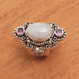 NOVICA Artisan Handmade Rainbow Moonstone Amethyst Cocktail Ring from Bali Sterling Silver Indonesia Gemstone Birthstone [ring Front 1.2 in L x 0.6 in W x 0.3 in H Band Width 8 mm W] ' Glimpse of