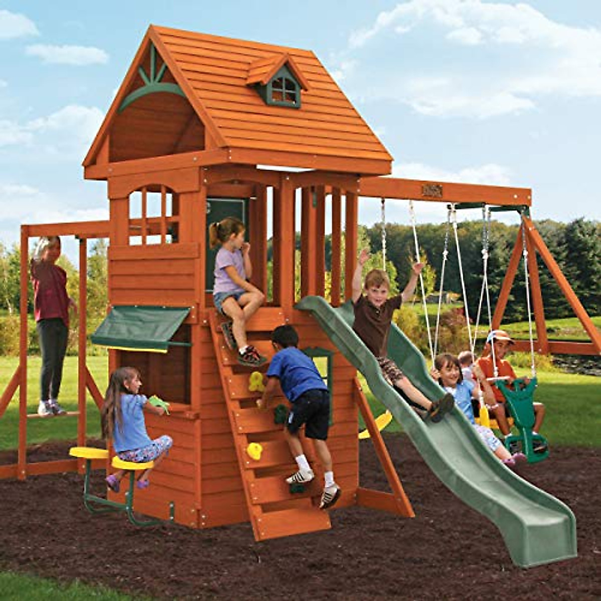 KidKraft Ridgeview Deluxe Clubhouse Wooden Swing Set / Playset with Café Table and Stools, Monkey Bars, Swing and Rock Wall, Gift for Ages 3-10