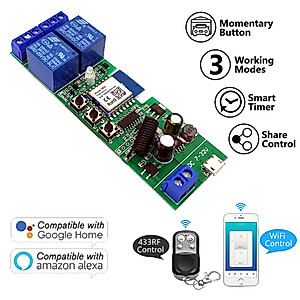 Newgoal 2 channelsWiFi Wireless Smart Switch Inching Self-locking Relay Module, be applied to access control Tuya SmartLife APP,DIY WIFI Garage Door Opener With 433 MHz RF remote control