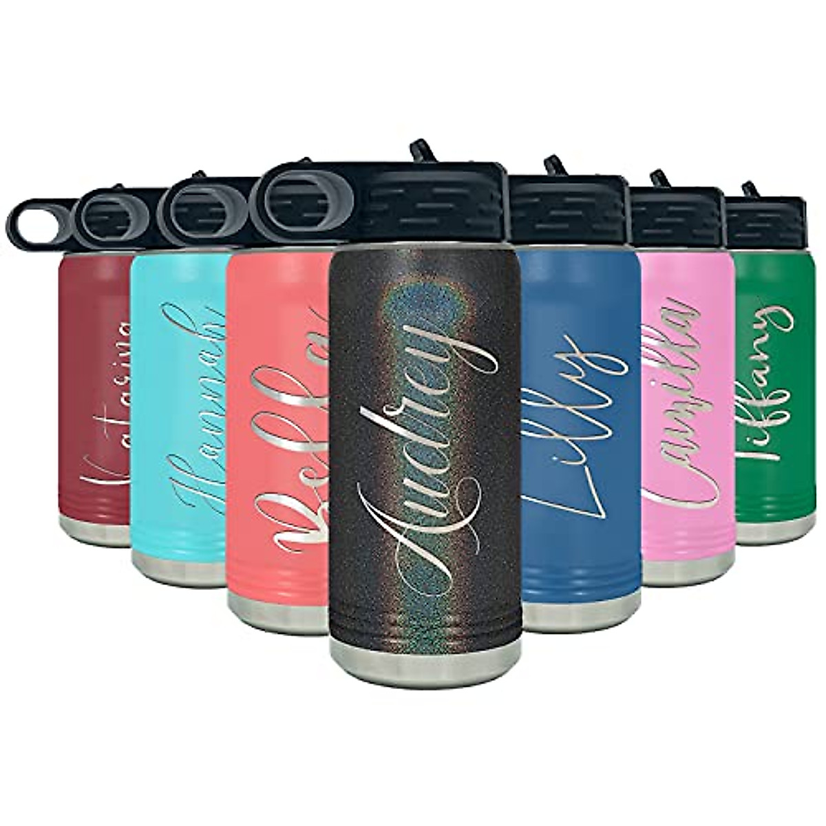 Personalized Bottle 20 oz with Straw Black Rainbow Glitter Custom Laser Engraved Stainless Steel Vacuum Insulated Sport Bottle with Name