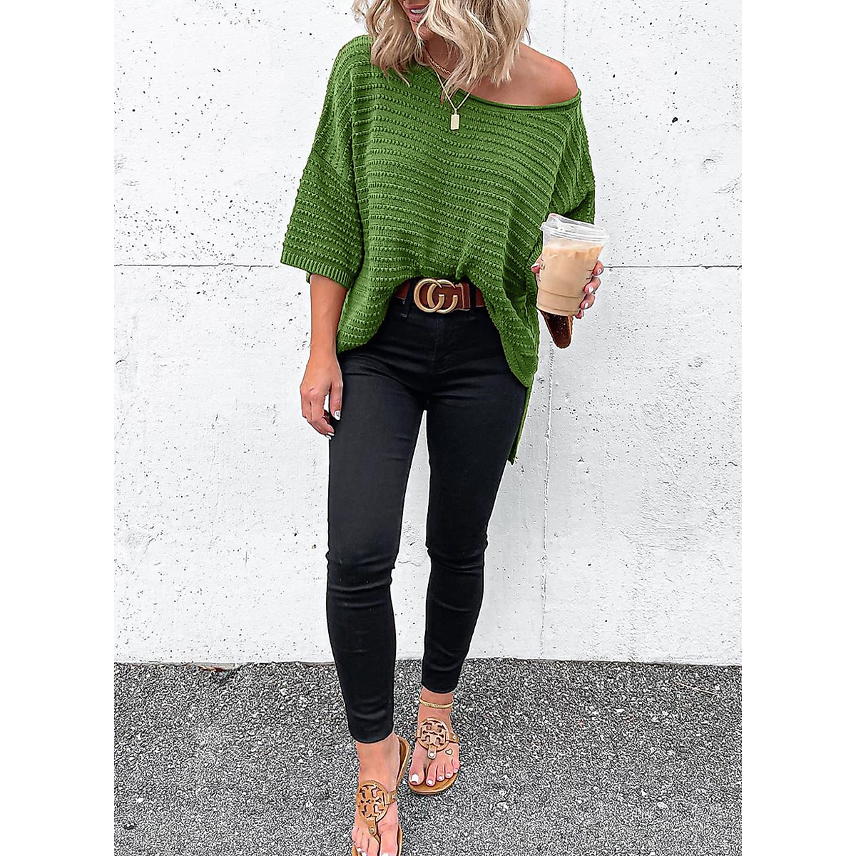 Dokotoo Womens Fashion Juniors Fall Summer Shirts and Blouses for Women 2024 Pullover Sweaters T-Shirts Off Shoulder 3/4 Sleeve Tunic Tops Loose Tee Shirts Light Green Medium