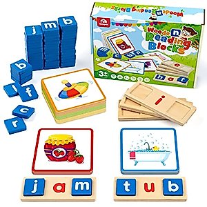 Coogam Wooden Short Vowel Reading Letters Sorting Spelling Games, Sight Words Learning Flashcards Alphabet Puzzle Montessori Educational Toy Gift for Kids 3 4 5 Years Old