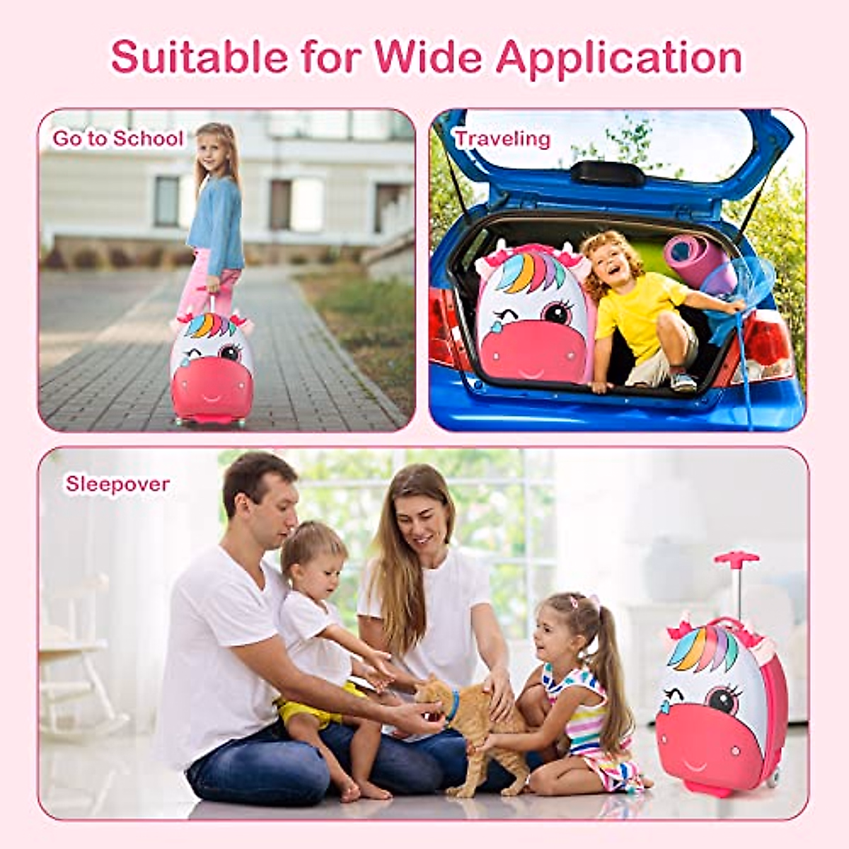 HONEY JOY Kids Luggage, 16” Children Rolling Suitcase w/Light-up Wheels & Telescopic Handle, Hard Shell Lightweight Travel Luggage for Toddlers, Carry On Luggage with Wheels for Boy Girl(Pink Unicorn)