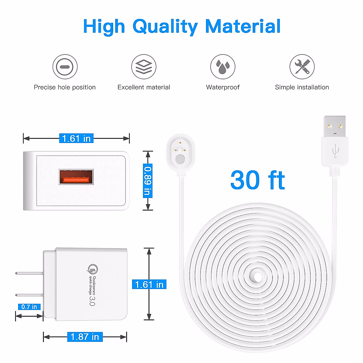 OkeMeeo 30ft Charger for Arlo Pro 3 Floodlight, Indoor Outdoor Charging Cable with QC 3.0 adapter for Continuously Charging Pro 3 Floodlight (1 Pack)