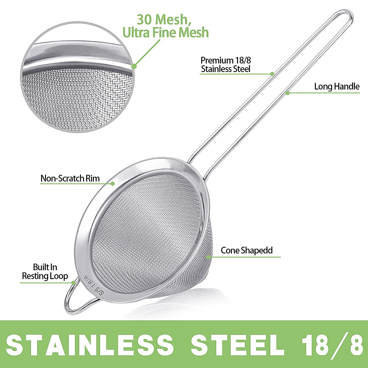 2 Pack Stainless Steel 18/8 Small Food Strainer, Fine Mesh Sieve with Long Handle, Cocktail Strainer For Cocktails, Tea Herbs, Coffee & Drinks, Rust Proof & Great as Tea Strainer, 3.5inch