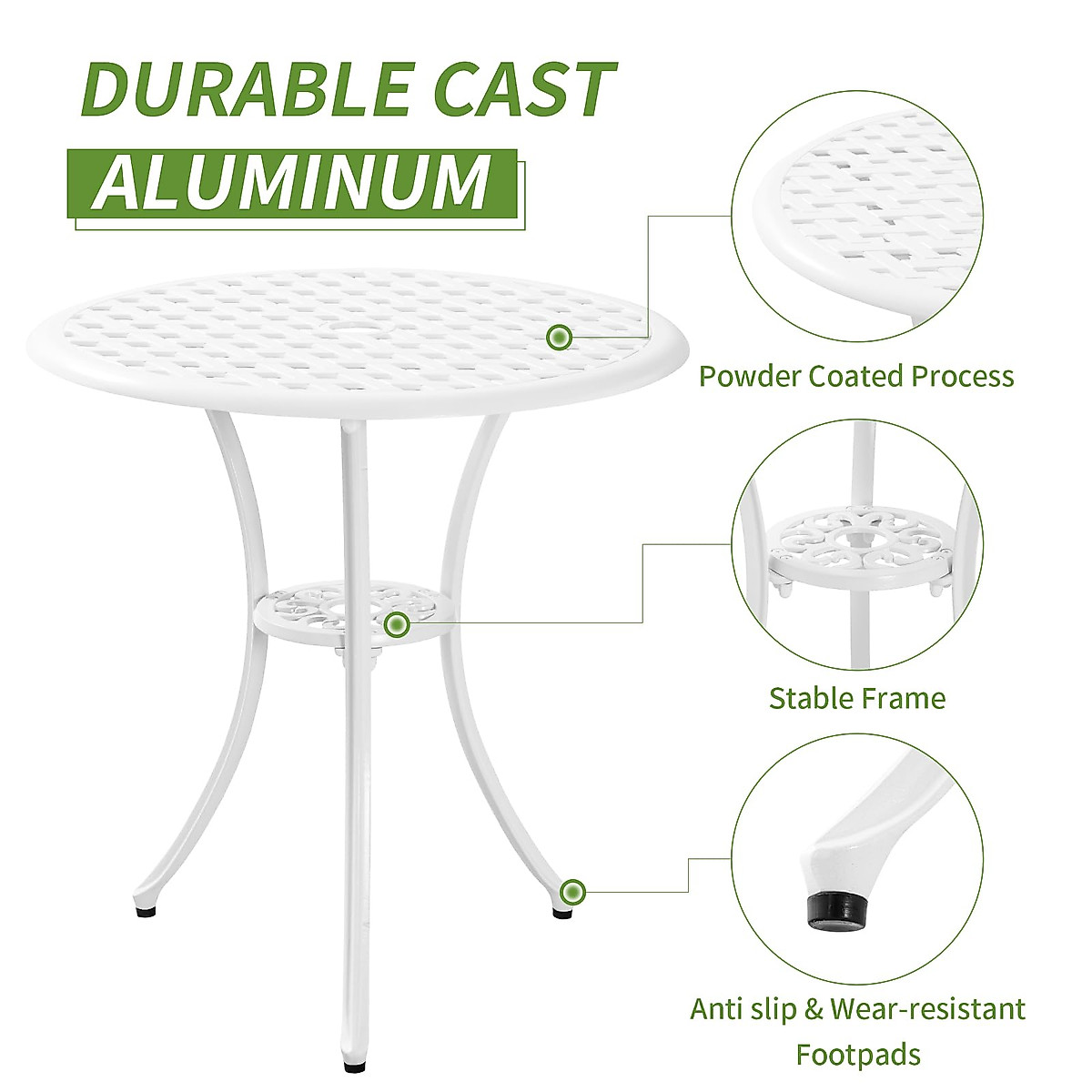 PATIO-IN 3 Piece Patio Set Cast Aluminum Patio Furniture Outdoor Bistro Table Set with Adjustable Foot Cap,Metal Bistro Table and Chair Set of 2 for Front Porch,Garden,White