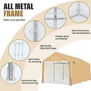 ADVANCE OUTDOOR 10x20 ft Heavy Duty Carport Car Canopy Garage Shelter Boat Party Tent Shed with Removable Sidewalls and Zipper Doors, Beige