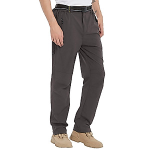 TBMPOY Men's Lightweight Hiking Pants with Belt 5 Zip Pockets Waterproof Quick-Dry Travel Fishing Work Outdoor Pants Thin Brown M