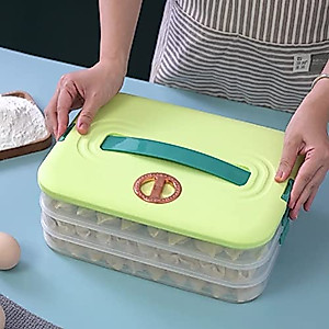 OHEPFD Refrigerator Organizer Bins,Food Storage Containers with Lids Dumpling Storage Box 3-Layer Stackable Food Storage Tray Organizer Holder for Kitchen Fridge, Green, 30.5x23x12cm