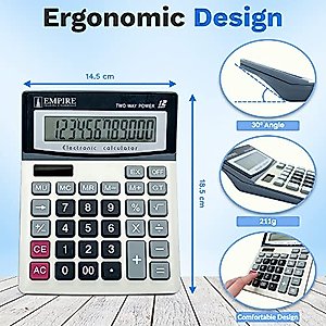Empire Desk Calculator with Large Key Buttons, 12 Digits, Large Eye-Angled Display, Solar and Battery Powered for Home and Office (Battery Included)