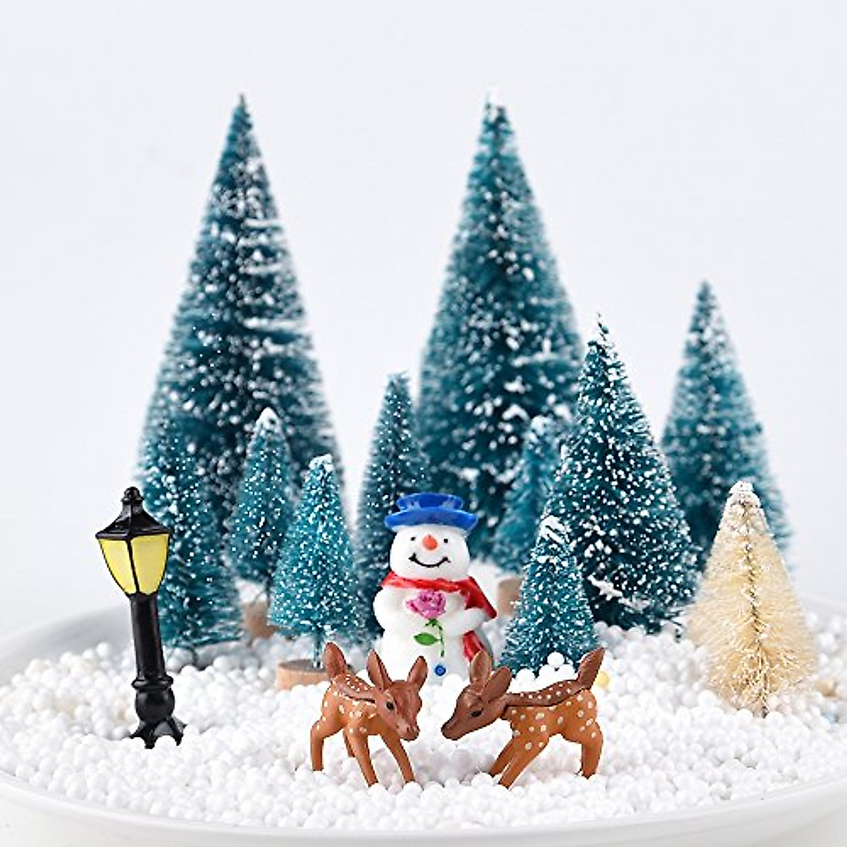 PLULON 33Pcs Mini Christmas Village Accessories, Christmas Trees Bottle Brush Trees with Miniature Christmas Ornaments Snowman, Mini Garden Street Lamps, Deer for Winter Holiday Village Decorations