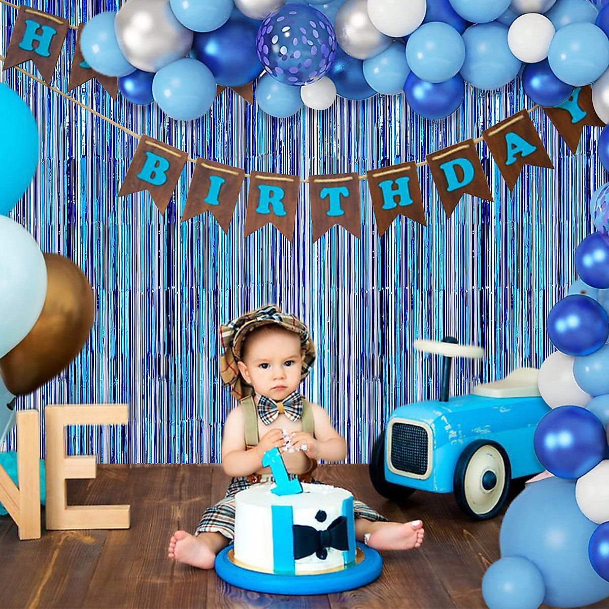 AIBIIN 2pcs 3.3ftx6.6ft Foil Curtain Backdrop Blue Metallic Tinsel Foil Fringe Curtains Little Prince Birthday Party Wedding Baby Shower Bachelorette Graduation 4th of july Decoration Photo Booth Prop