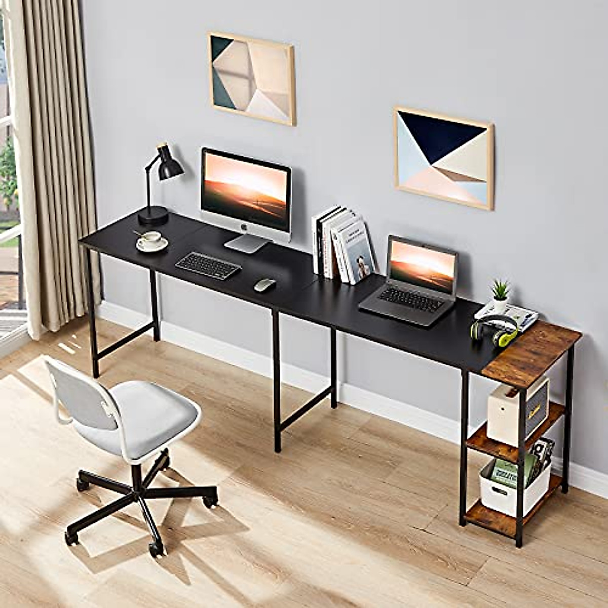 AINGOO L Shaped Desk Reversible with Storage, 72 Inch 2-Person Long Desk Computer Gaming Office Desk, Writing Study Corner Desk for Home Office, Black/Brown