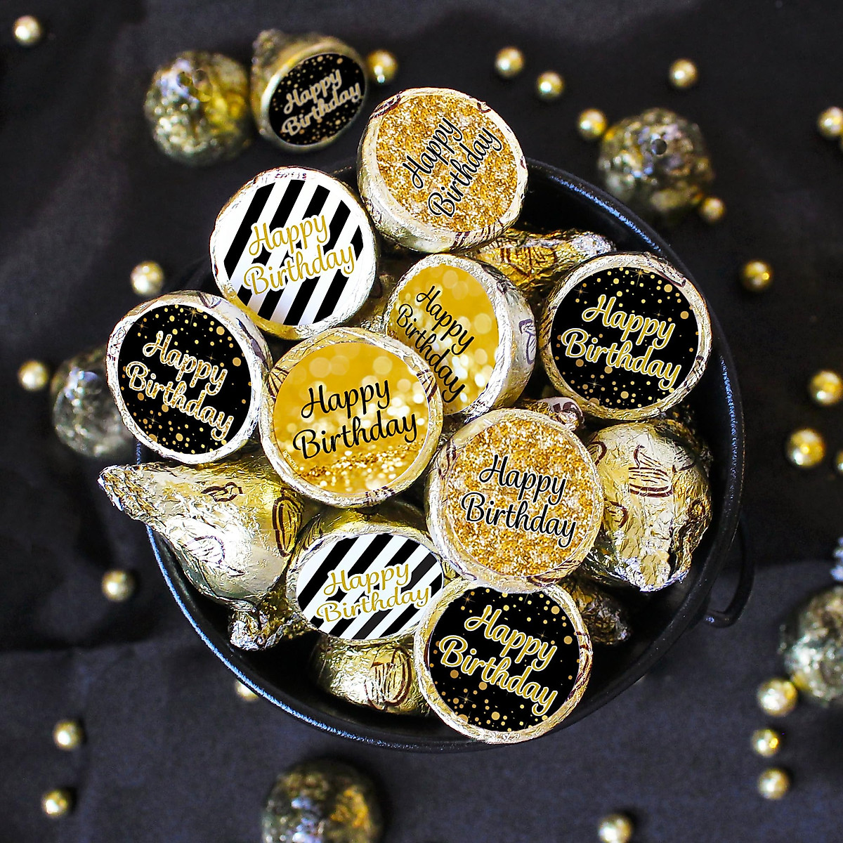 Happy Birthday Party Favor Labels Chocolate Kisses Candy Stickers - Black and Gold - 0.75 in. Round - 180 Stickers
