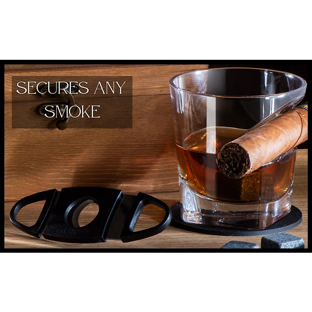 EMCOLLECTION Whiskey Glasses With Indented Cigar Holder | Cigar Cutter v-Cut | Wiskey Stones | Whiskey Gifts | Whiskey Glasses with Cigar Holder | Christmas Gifts for Cigar Lovers, Papa, Boss, Uncle