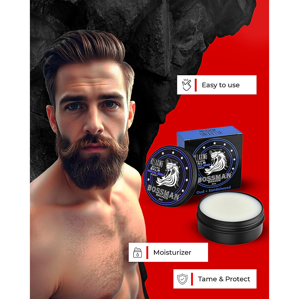 Bossman Relaxing Beard Balm - Beard Tamer, Relaxer, Thickener and Softener Cream - Beard Care Product - Made in USA (Royal Oud Scent)