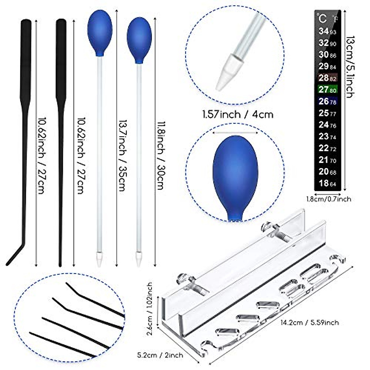 6 Pieces Coral Feeder Set 30 cm and 35 cm Long Acrylic Marine Fish Reef Feeding Tube and Stainless Steel Straight and Curved Tweezers with Tool Holder and Aquarium Thermometer Sticker for Aquarium Pet