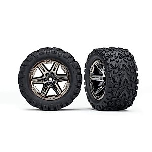 Traxxas 6773X - Rustler 4x4 Tires & Wheels,Unisex Assembled, glued (2.8') (RXT Black Chrome Wheels, Talon Extreme Tires, Foam Inserts) (2) (TSM Rated)