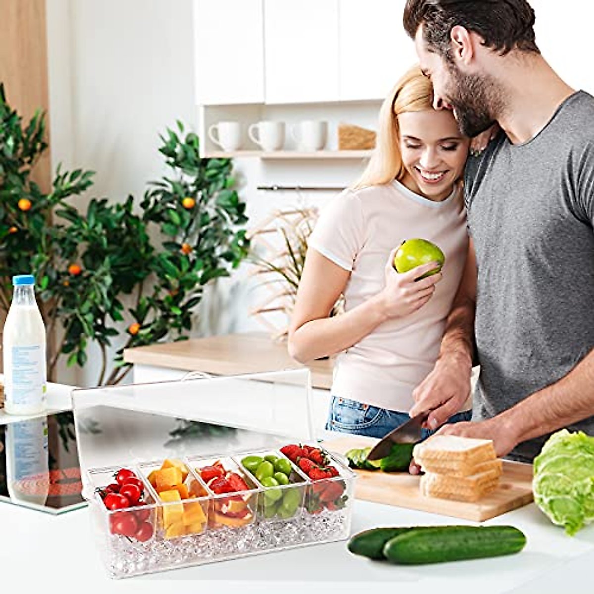 BELIBUY Condiment Server, Ice Chilled 5 Compartment Server CadCondiment Server,Condiment Containers with Lids, 5 Compartment Ice Chilled Caddy Clear Condiment Caddy with Iced Cube Fruit Serving Trays
