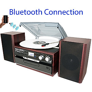 Boytone BT-24DJM Bluetooth Classic Style Record Player Turntable with AM/FM, CD/Cassette Player, Separate Stereo Speakers, Record from Vinyl, Radio, Cassette to USB with MP3 format, SD Slot, USB, AUX.