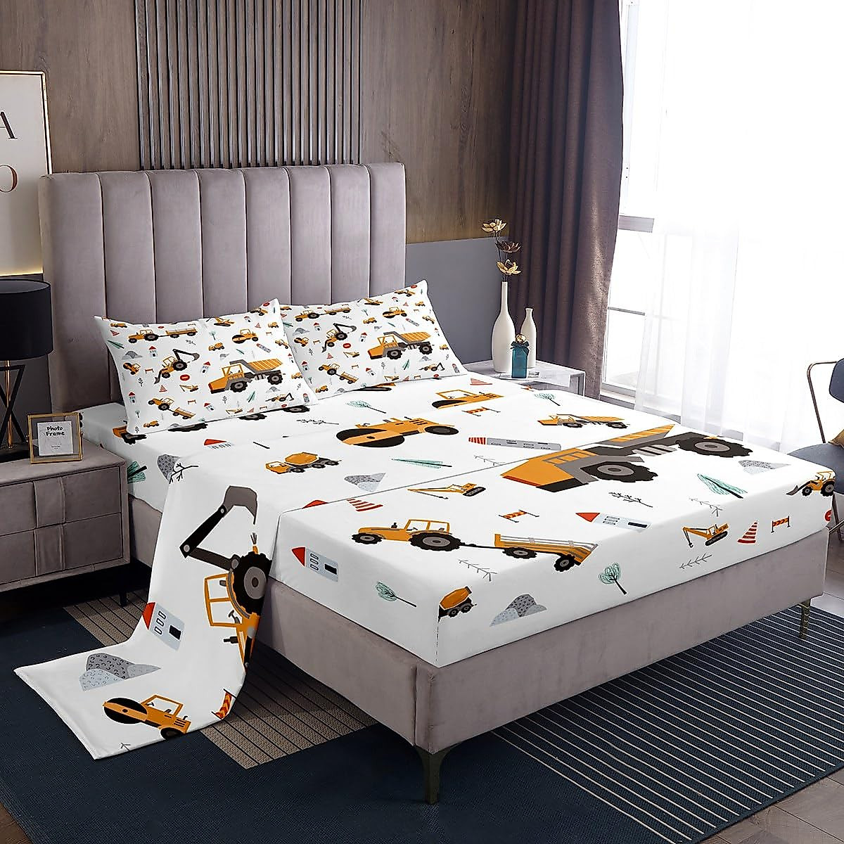 jejeloiu 7 Pieces Excavator Comforter Set Full Size & Excavator Sheet Set Full Size