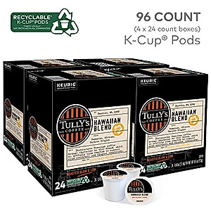 Tully's Coffee Hawaiian Blend Keurig Single-Serve K-Cup Pods, Medium Roast Coffee, 96 Count (4 Packs of 24)