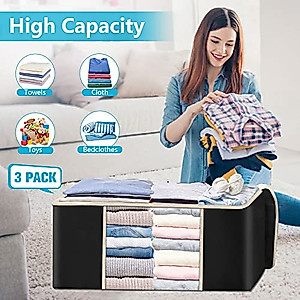 Supowin Large Capacity Clothes Storage Bags, 3-Pack Foldable Blanket Storage Organizer with Waterproof Oxford Cloth Material and Reinforced Handle, Sturdy Zipper, Clear Window, Bedding, 90L, Black
