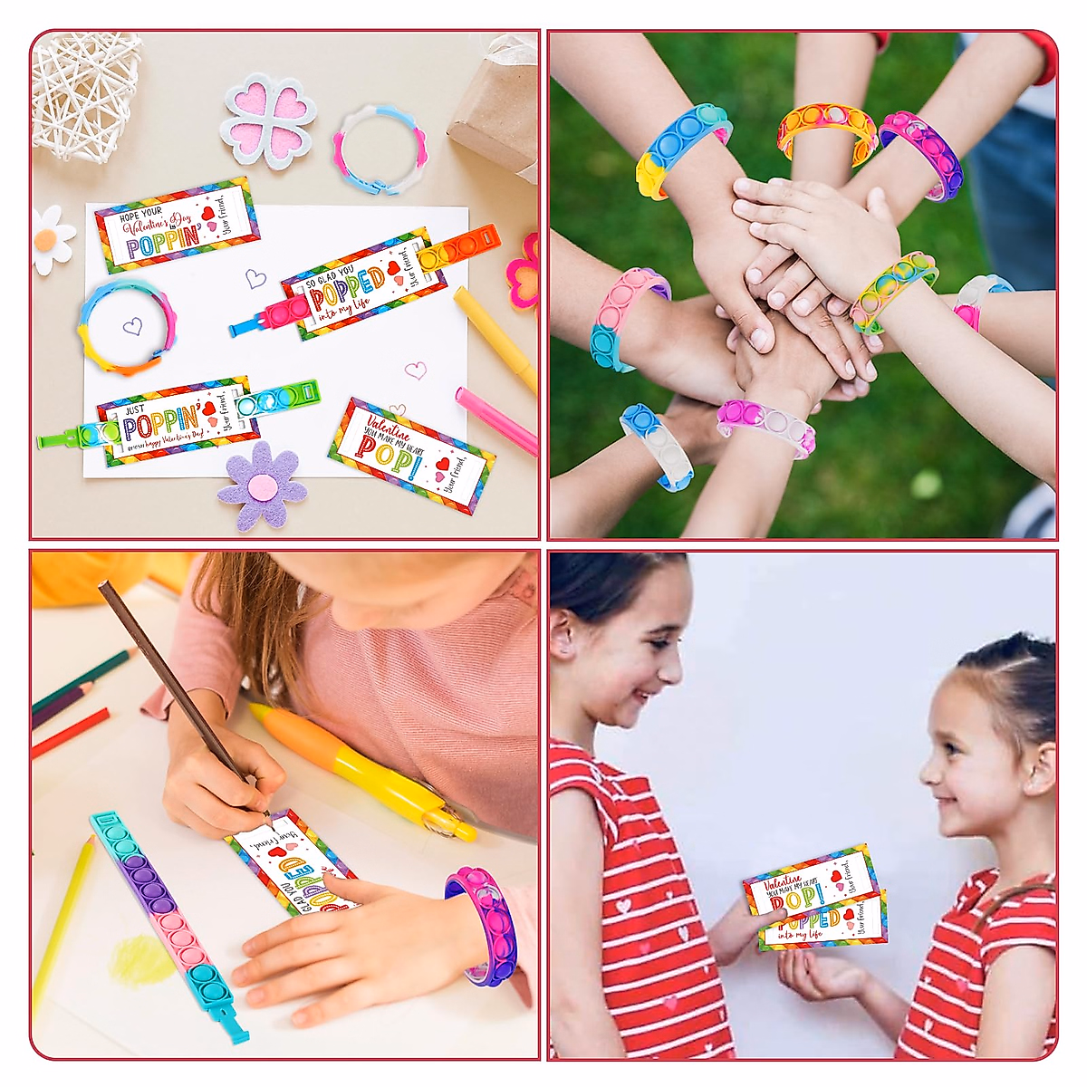 DAZONGE 24 Packs Valentines Day Gifts for Kids, POP It Bracelet Valentines Cards, Classroom Valentines, POP Fidget Toy Valentine’s Day Cards for Kids School Exchange Activity
