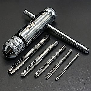 KOOTANS Ratchet T Handle Tap Wrench + 5pcs M3 M4 M5 M6 M8 Machine Screw Metric Thread Milling Plug T-shape Taps Set, Both Way Hand Tap Set Adjustable Manual Tapping Tool Kit for Home Use (Short)