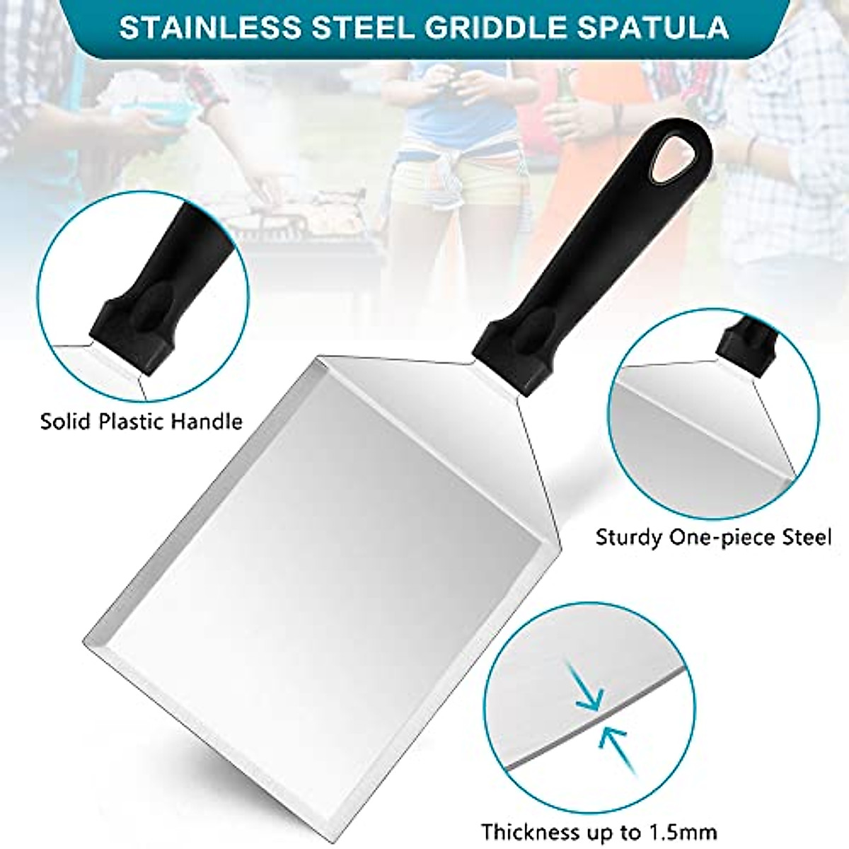 Leonyo Hamburger Spatula & 8.2x4.2 Inch Rectangular Burger Press, Heavy Duty Griddle Metal Turner Flipper & Stainless Steel Smash Bacon Grill Press for Flat Top BBQ Cheese Burger Patty, Plastic Handle