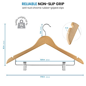 ZOBER High-Grade Wooden Suit Hangers (10 Pack) with Durable Adjustable Metal Clips, 360° Swivel Hook, Shoulder Notches for Dress Coat, Blouse, Jacket