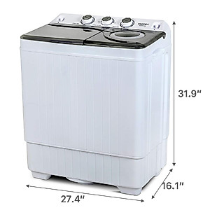 KUPPET Compact Twin Tub Portable Mini Washing Machine 26lbs Capacity, Washer(18lbs)&Spiner(8lbs)/Built-in Drain Pump/Semi-Automatic (White&Gray)