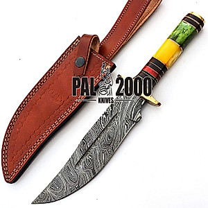 PAL 2000 KNIVES HUN-9314 Custom Handmade Damascus Steel Knife Colored Camel Bone Handle