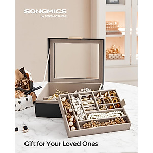 SONGMICS Jewelry Box with Glass Lid, 2-Layer Jewelry Organizer with Removable Tray, Jewelry Storage, Modern Style, Gift for Loved Ones, Graphite Black and Metallic Gold UJBC238B01