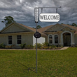 Uitpon 36" Rain Gauge Outdoor Decorative with Solar Powered Light,Metal“Welcome”Yard Sign Stakes with Plastic Rain Measure Gauge for Garden Lawn Decorations