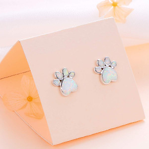 Ladytree S925 Sterling Silver Jewelry Puppy Dog Cat Pet Paw Print White Simulated Opal Stud Earrings