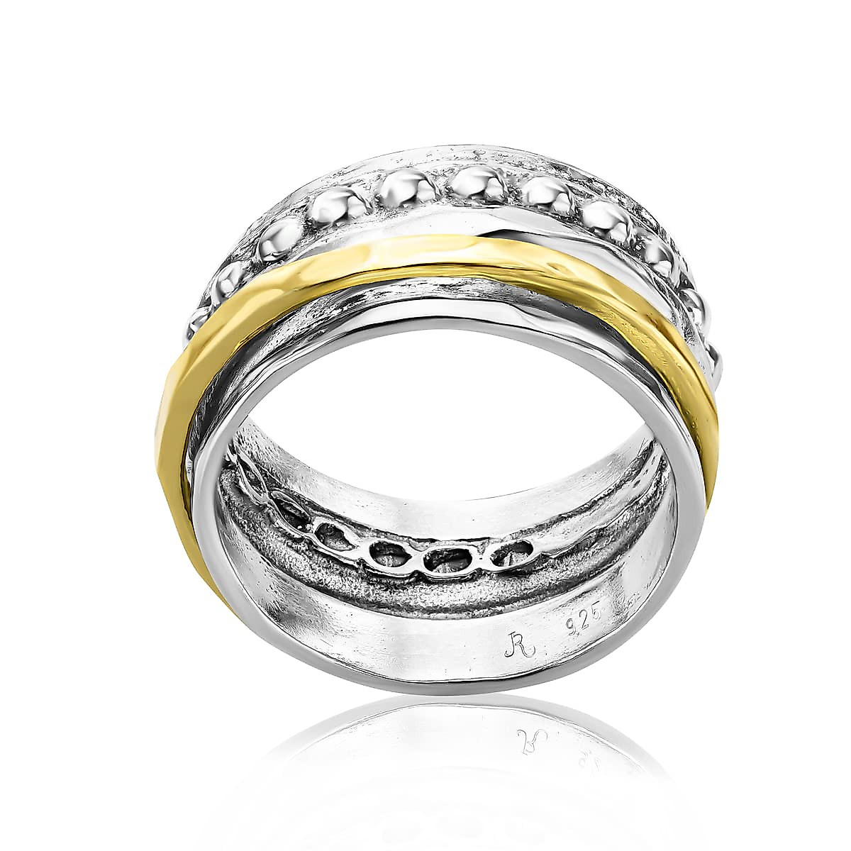 925 Sterling Silver/14K Gold Plated Silver Spinner Ring Unisex, Bold Hammered Beaded/Freshwater Pearl Floral Etched and Hammered, Oxidized, Hypoallergenic, Nickel Lead-free, Made in Israel (Size 5-11)