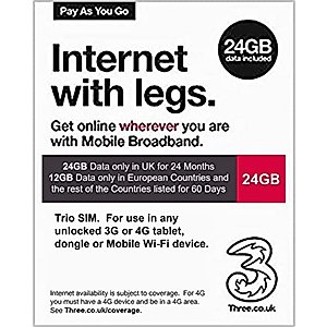 UK3 Prepaid Europe SIM Card 24 GB Data for up to 24 Months, 71 Destinations. No Calling and no Texting. Hotspot/Tethering Allowed. International Roaming Outside UK for 60 Days only.