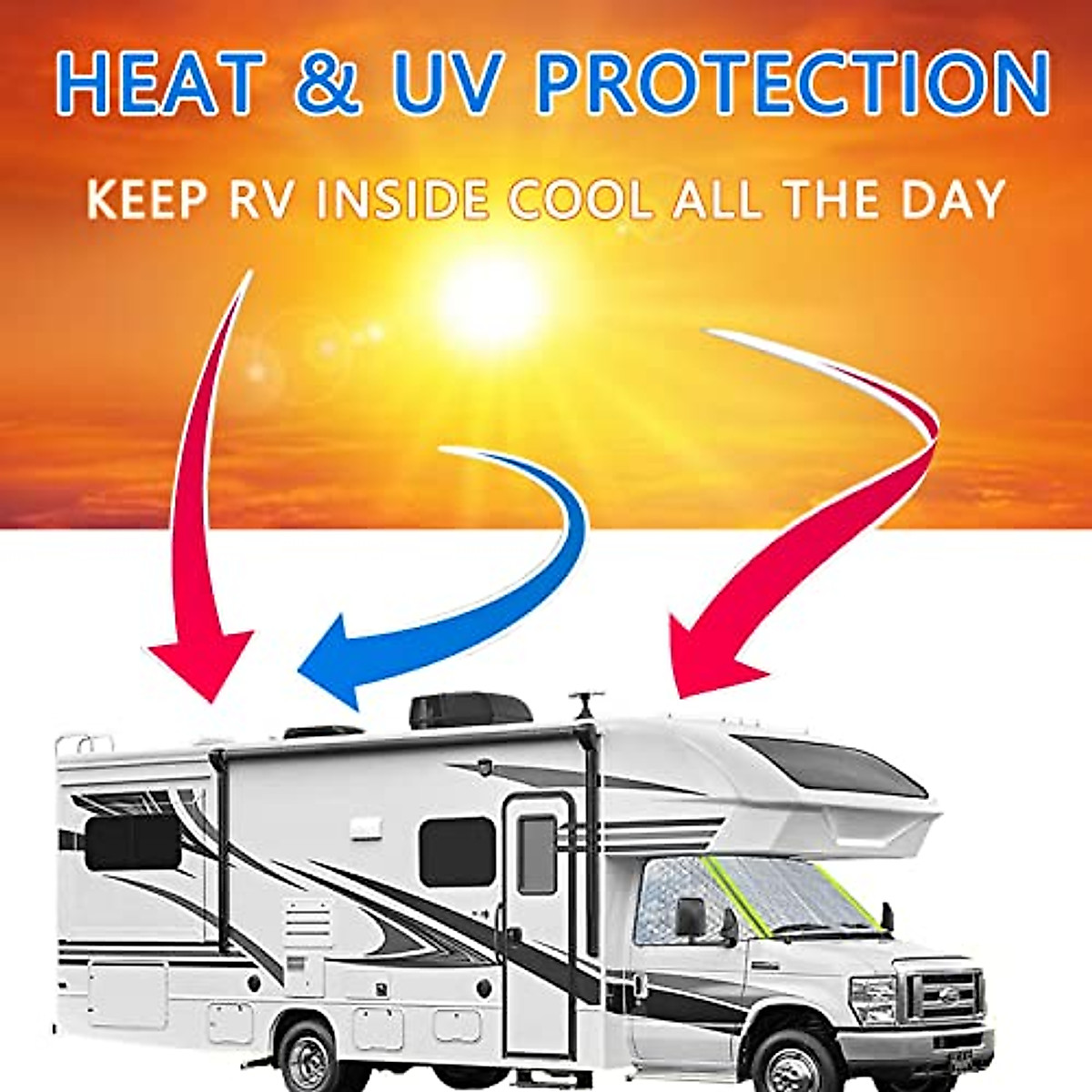 Big Hippo Windshield Cover RV Window Sunshade Cover for Class C Ford E450 1997-2022 Motorhome, UV Block Offer Complete Privacy with Reflective Strips RV Accessories 4 Layers with Mirror Cutouts Silver